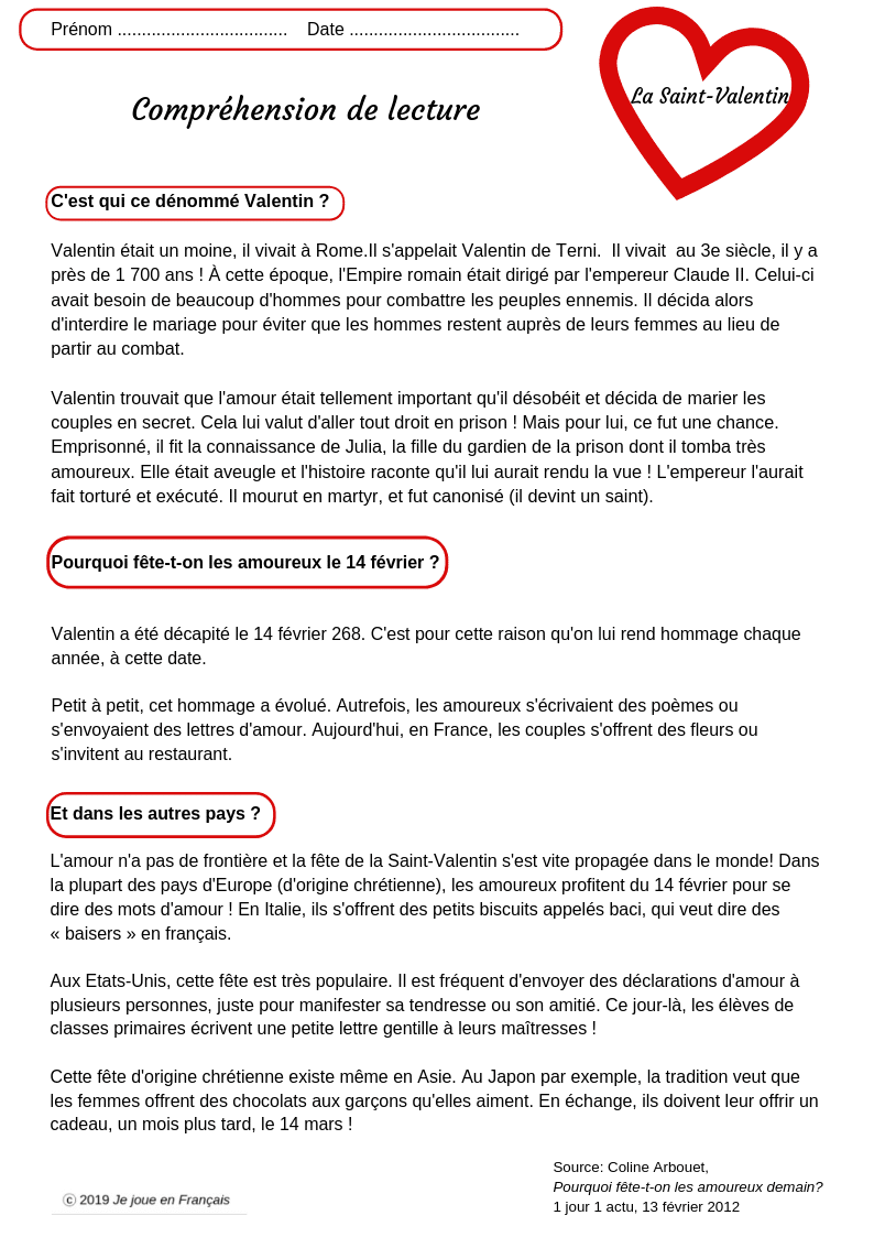 Compréhension de lecture: L'origine de la Saint-Valentin. - Lecture CM1 ...