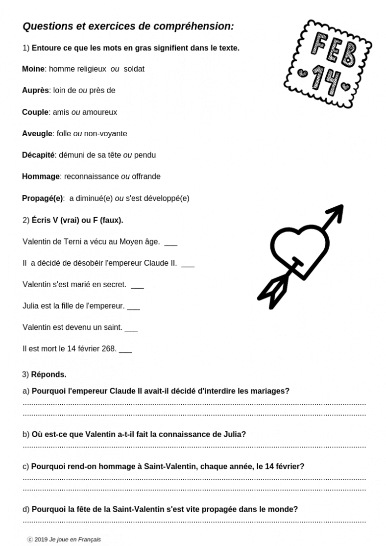 Compréhension de lecture: L'origine de la Saint-Valentin. - Lecture CM1 ...