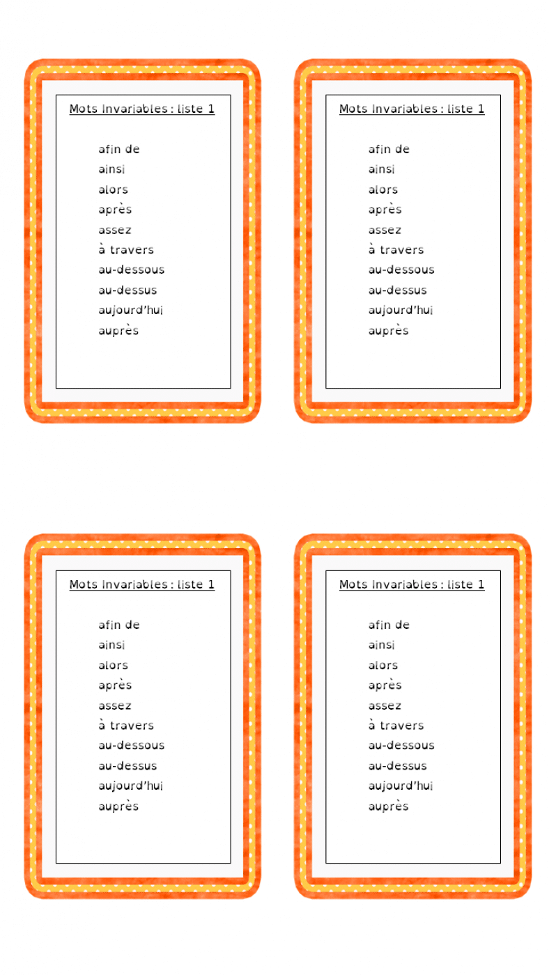 listes de mots invariables - Ecriture, Etude de la Langue, Lecture ...