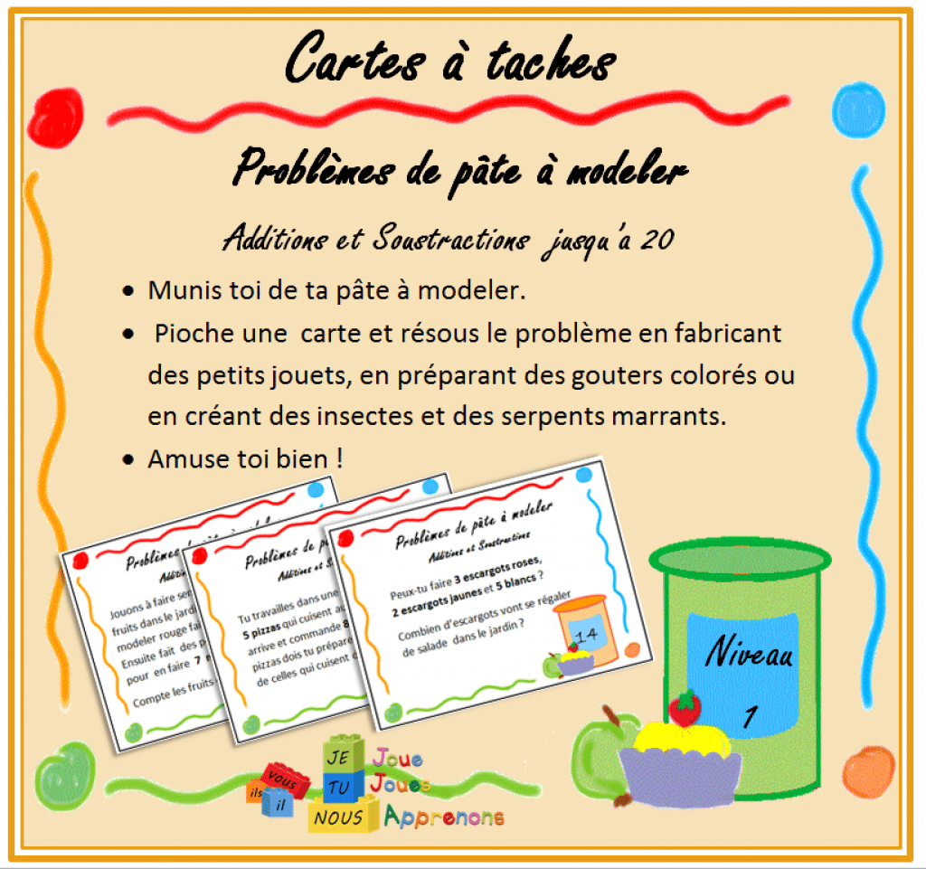 Cartes à tâche, Problèmes de pâte a modeler, additions et soustractions ...