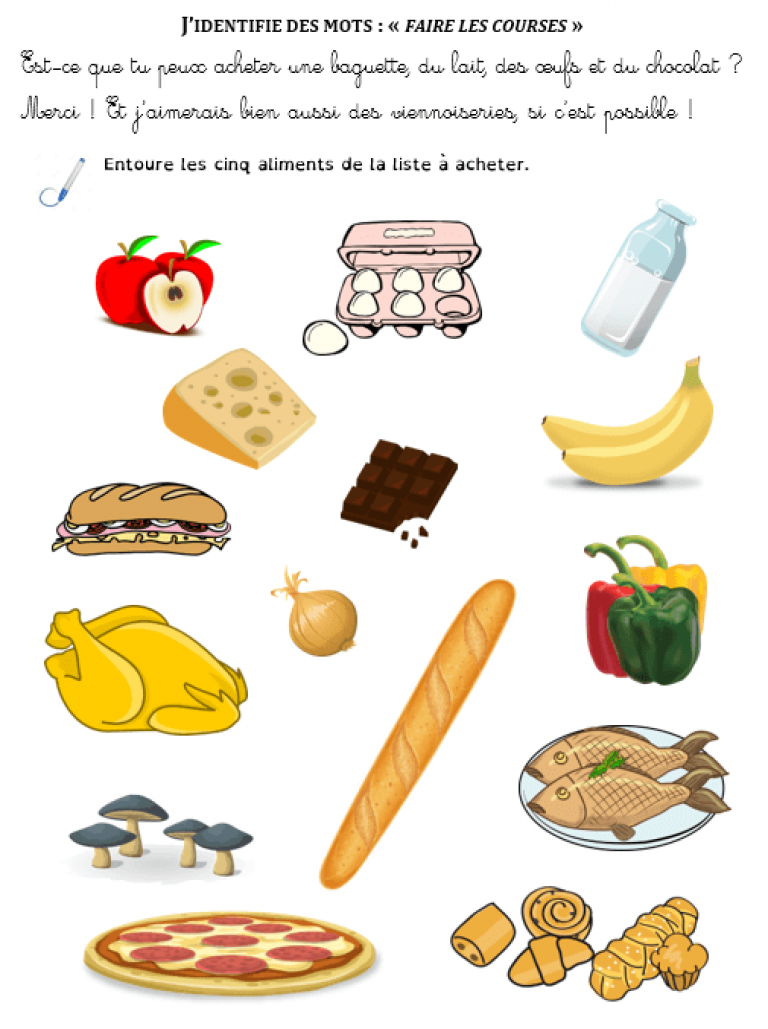 Reconnaissance et lecture de mots. La liste des courses - Ecriture ...