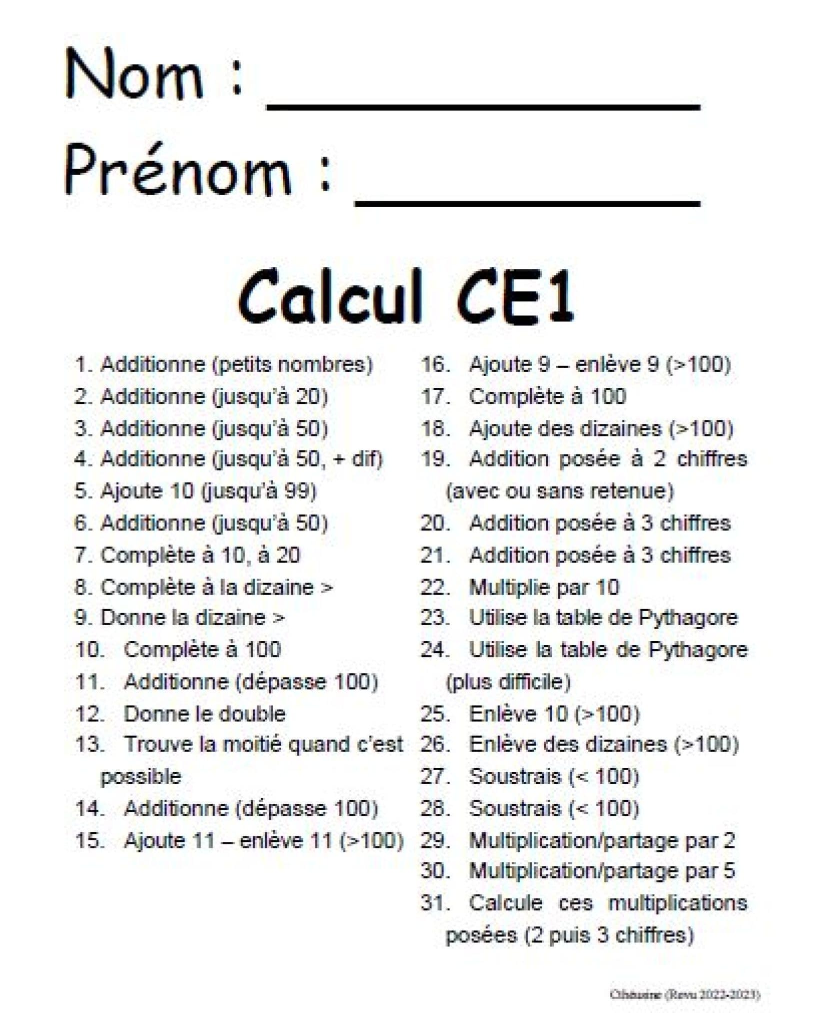 Cahier de 31 fiches de calcul CE1 + corrigé - Mathématiques CE1 - La ...