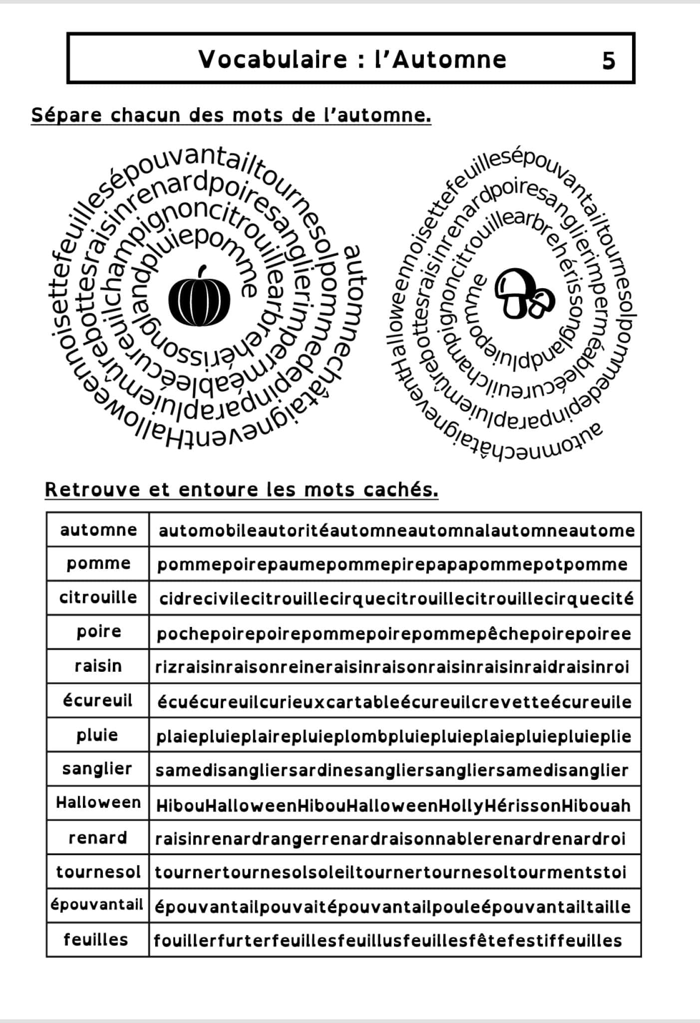 Mur de mots + exercices de vocabulaire AUTOMNE - Lecture CE1, CP - La ...