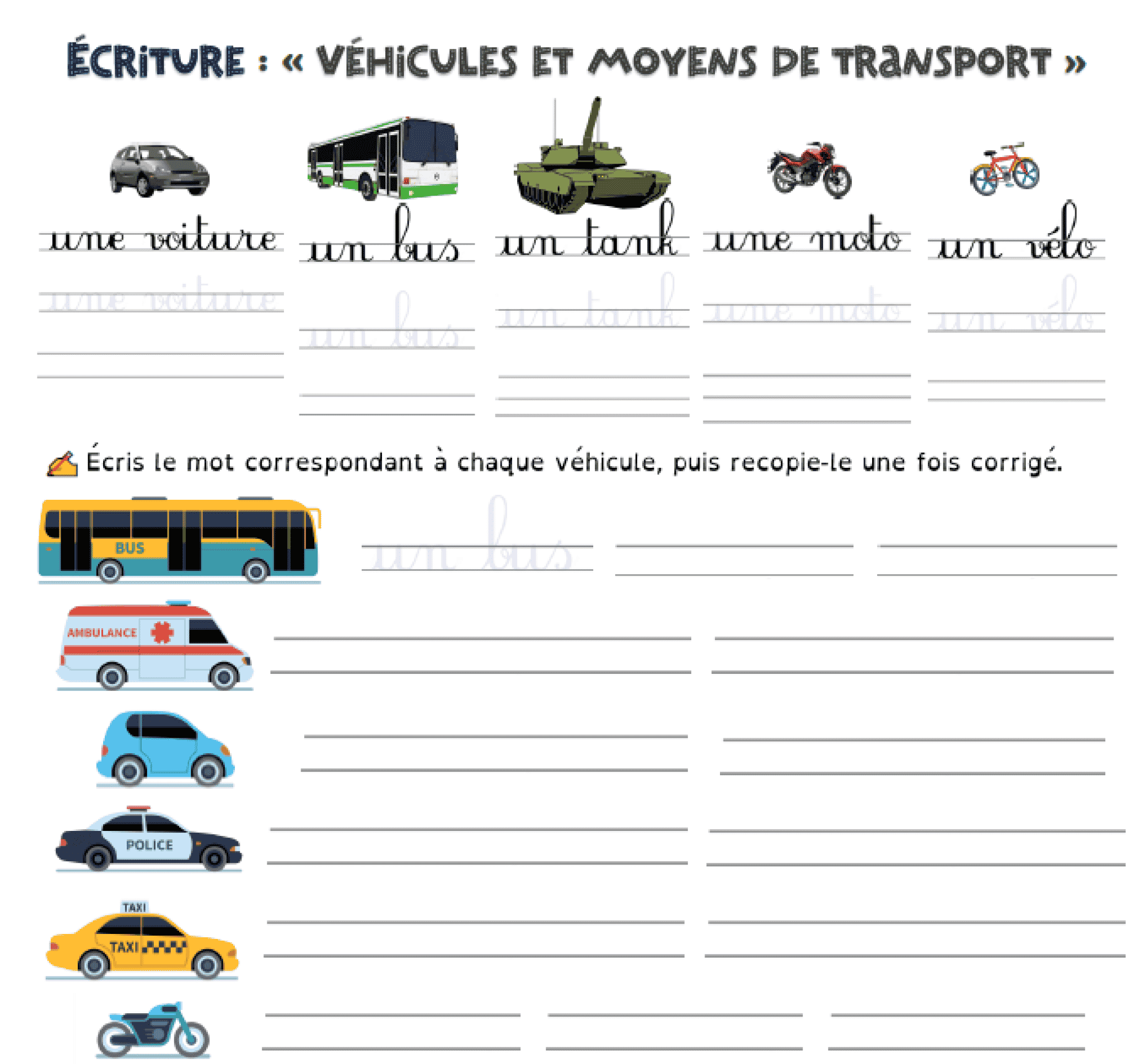 Écriture cursive : véhicules et moyens de transport (CP, CE1) - CE1, CP ...