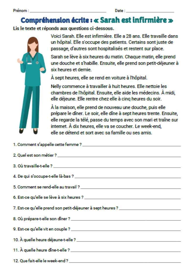 Français - Compréhension écrite - Sarah est infirmière (A2, CE1) - CE1 ...