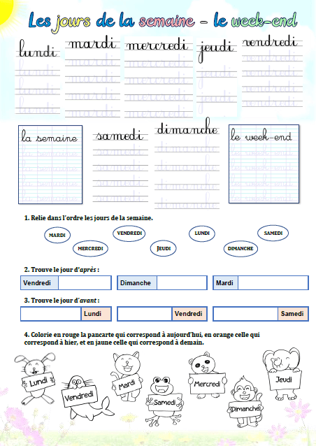 Exercice - Les jours de la semaine et le week-end (CP, CE1) - CE1, CP ...