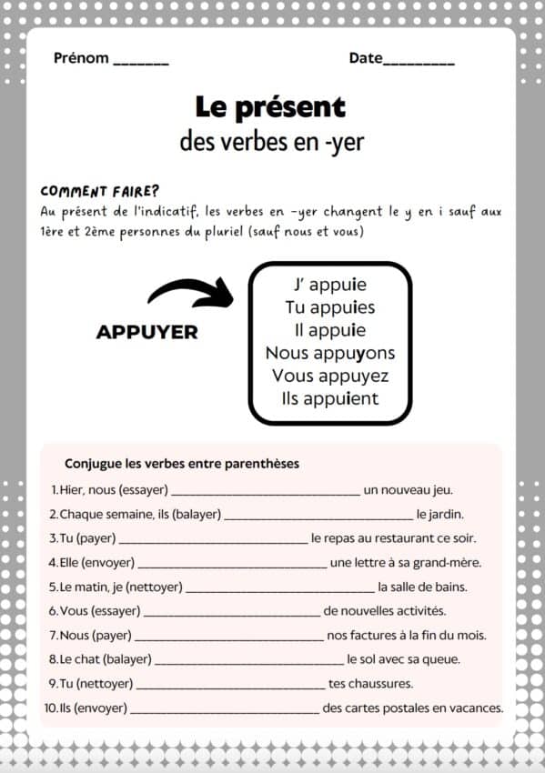 Verbes en -yer - Présent Futur Imparfait - Etude de la Langue CE2, CM1 ...